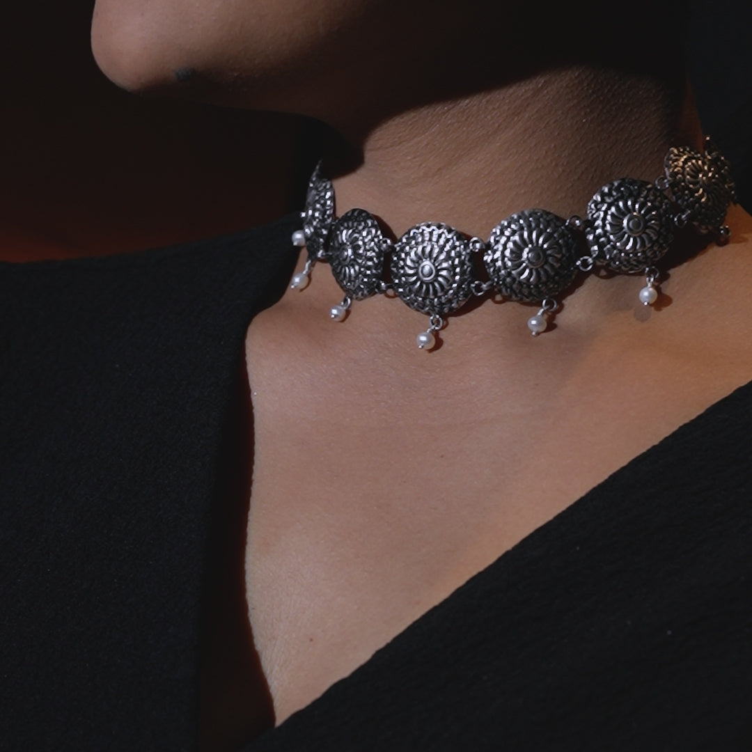 Chakra Pearl Silver Guluband | Silver Choker | Pahadi Jewellery